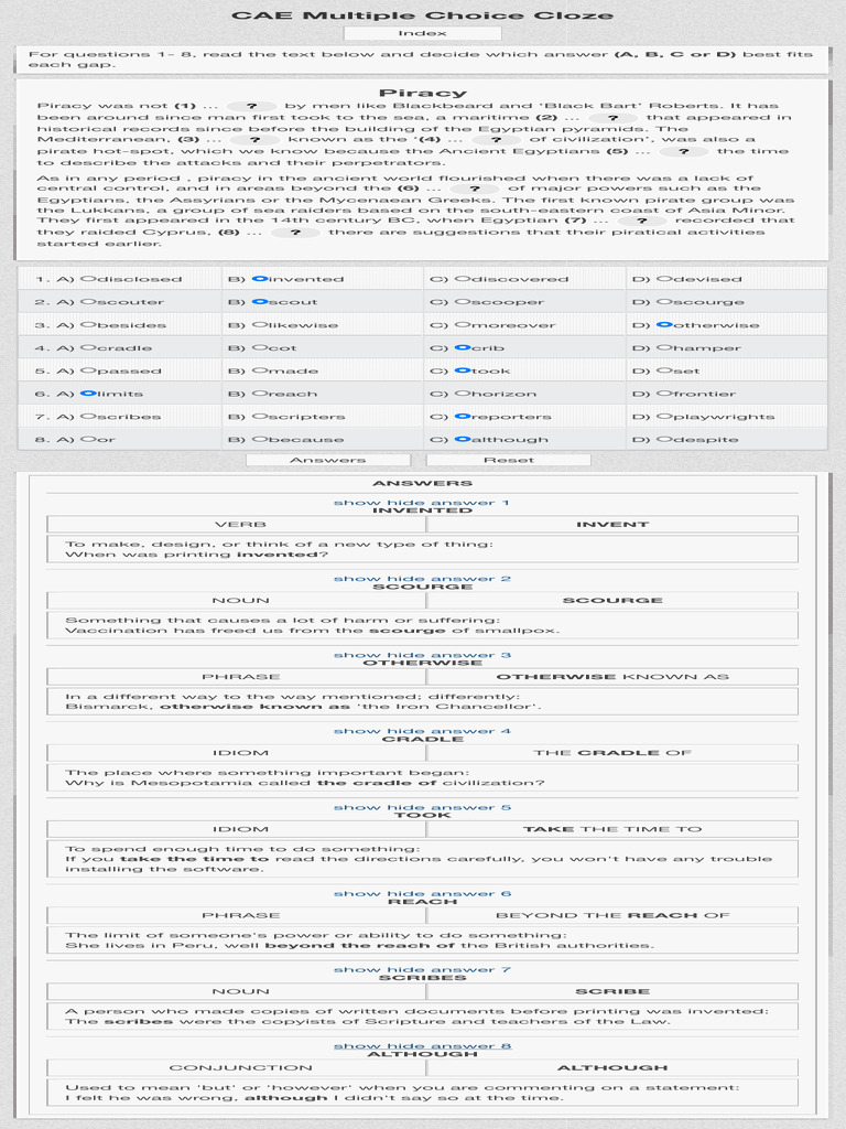 English Tests Cae Use Of English Multiple Choice Cloze