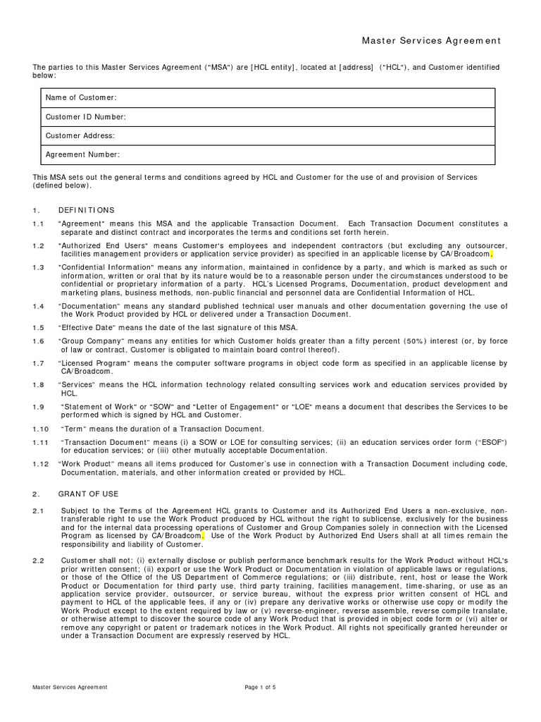 Master Services Agreement - CA Services - Hcl-jn02082019 | PDF ...