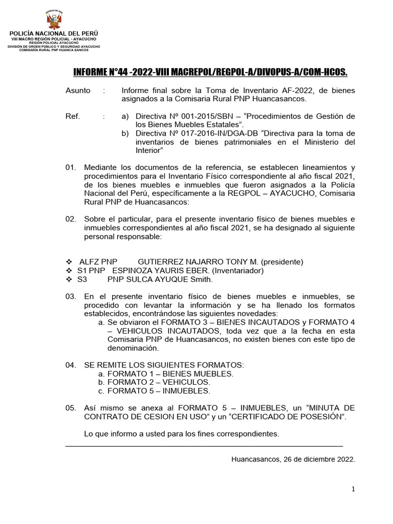 MODELO INFORME TOMA DE INVENTARIO Llenado | PDF