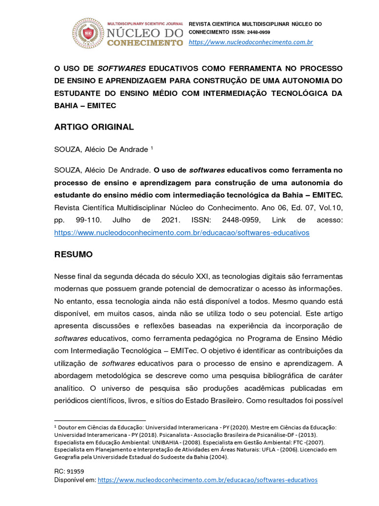 Artigo Original: Softwares Educativos, Como Ferramenta Pedagógica No Programa de Ensino Médio | PDF