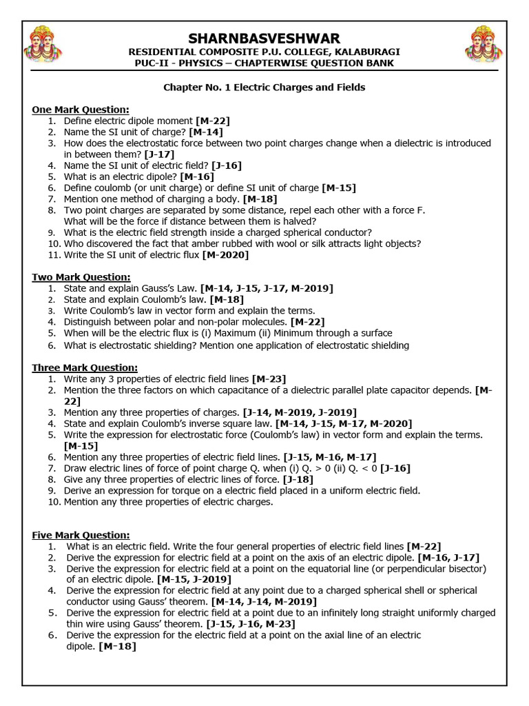 P2 - Question Bank - Physics - 2024 - Final | PDF | Electrostatics ...