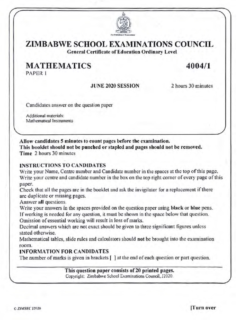 O-Levels Mathematics 2020 | PDF
