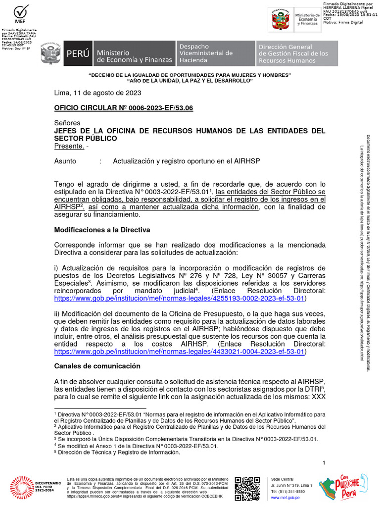 Oficio Circular #0006-2023-Ef/53.06 | PDF