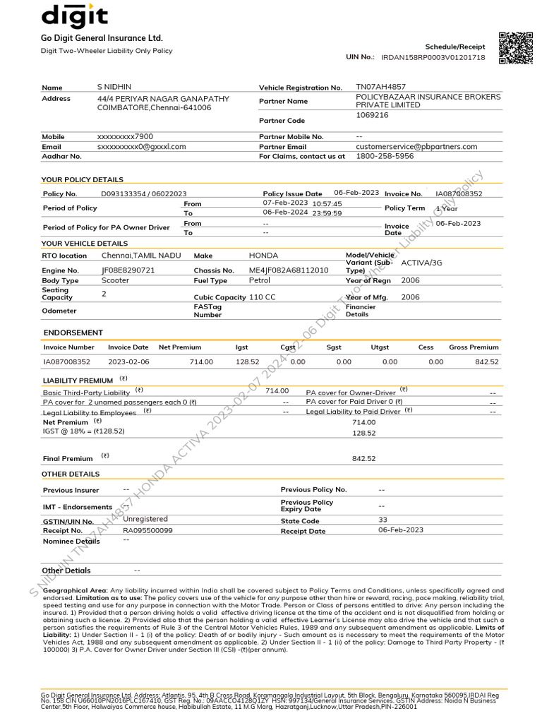 TN-07-AH-4857 Arun David | PDF