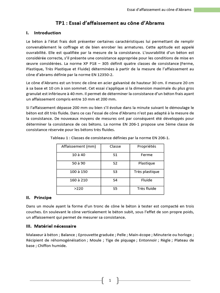 TP1 Essai D'affaissement Au Cône D'abrams | PDF | Béton | Ingénierie civile
