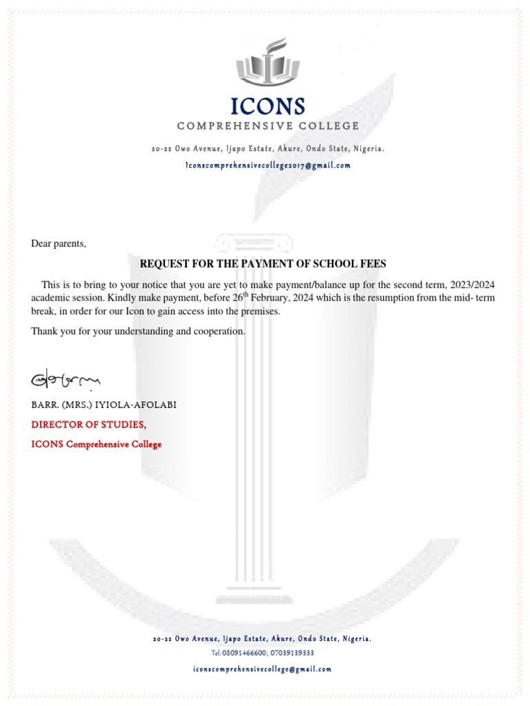 School Fees Payment Request to Parents | PDF