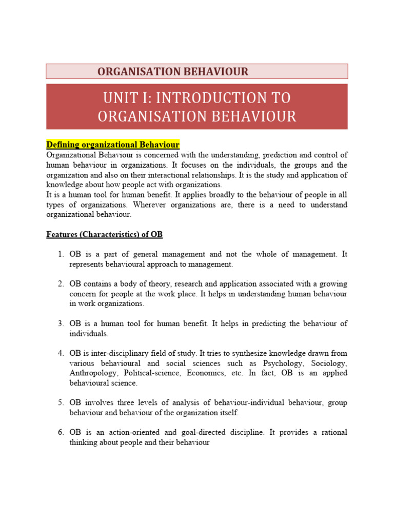 Unit-1 Ob | PDF | Organizational Behavior | Psychology