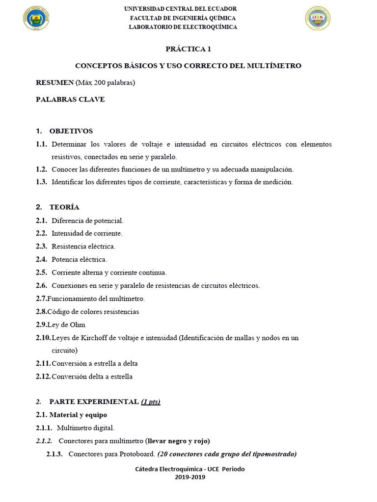 Práctica 1 CONCEPTOS BÁSICOS Y USO CORRECTO DEL MULTÍMETRO | PDF | Resistencia Eléctrica y ...