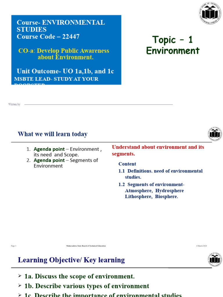 Topic - 1 Environment: Course-Environmental Studies Course Code - 22447 | PDF | Natural ...
