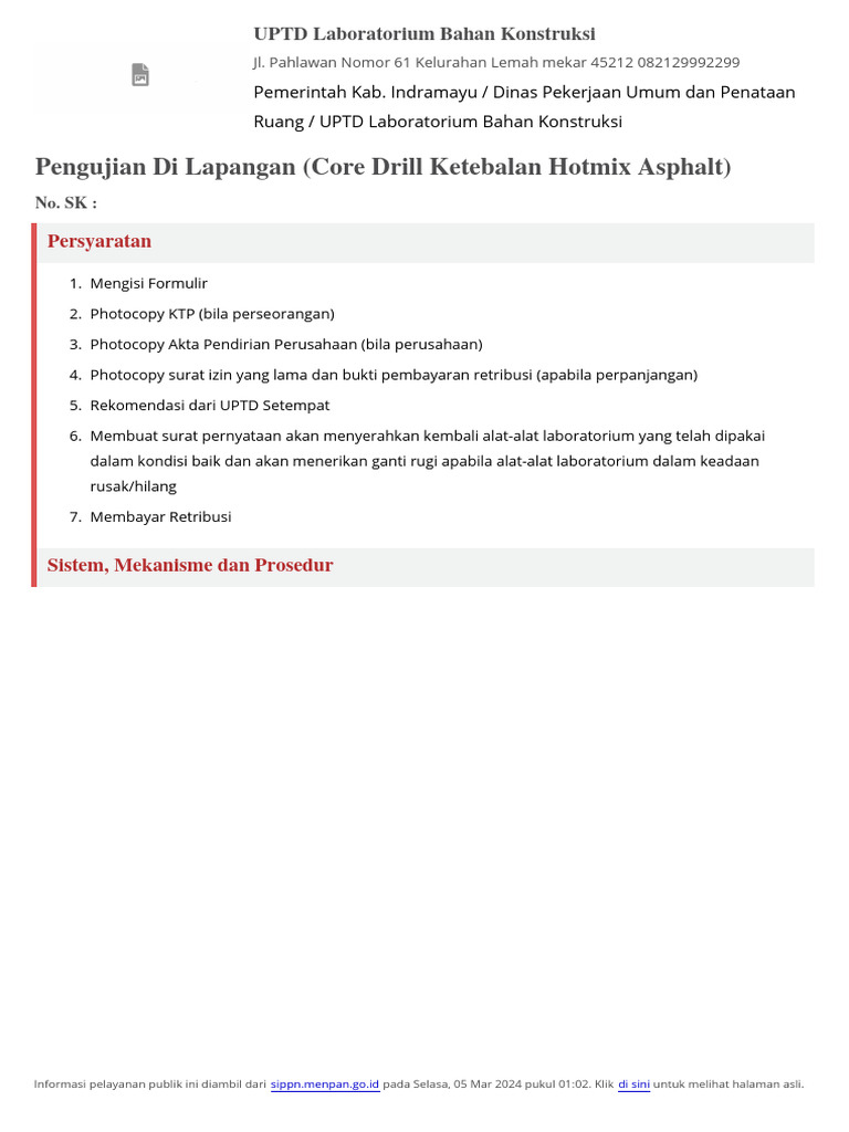 Prosedur Uji Core Drill Hotmix Indramayu | PDF