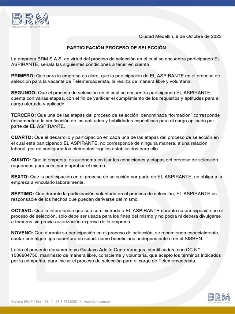 Proceso Selección Telemercaderista BRM | PDF
