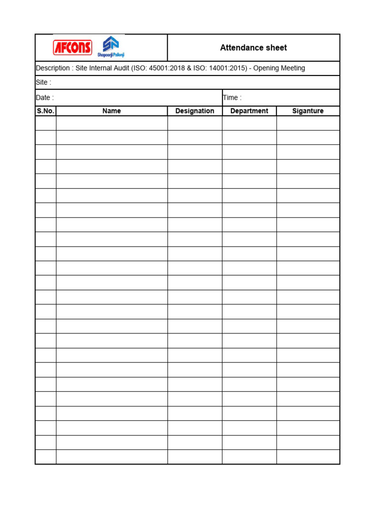 ISO Audit Opening Meeting Attendance Sheet | PDF