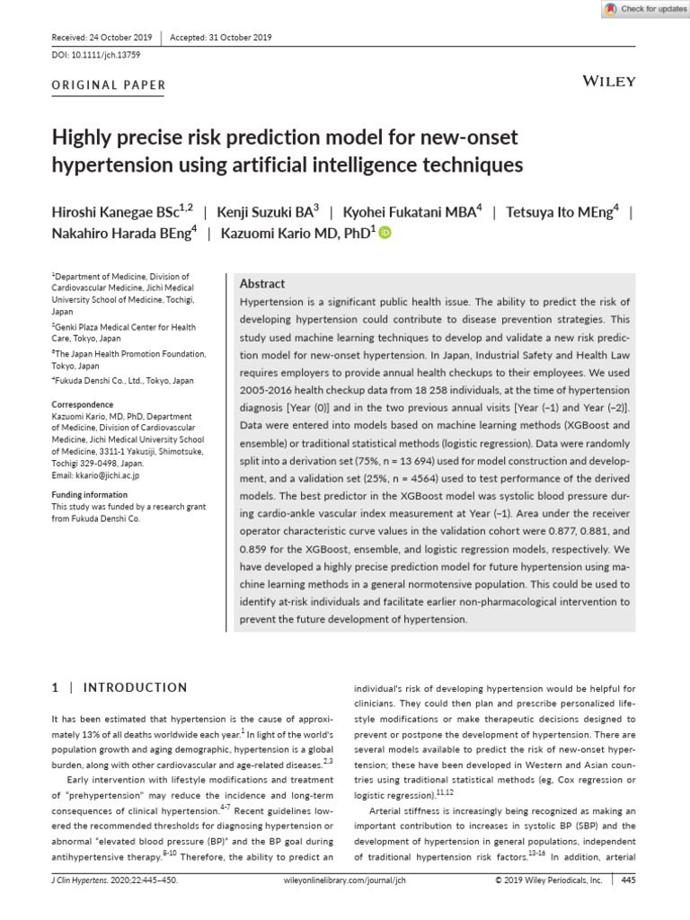 J of Clinical Hypertension - 2019 - Kanegae - Highly Precise Risk ...