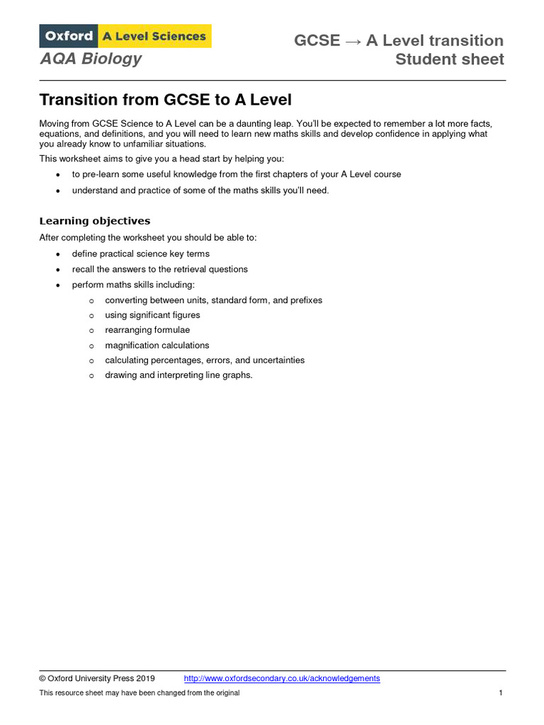 Biology Gcse To A Level Transition Pack | PDF