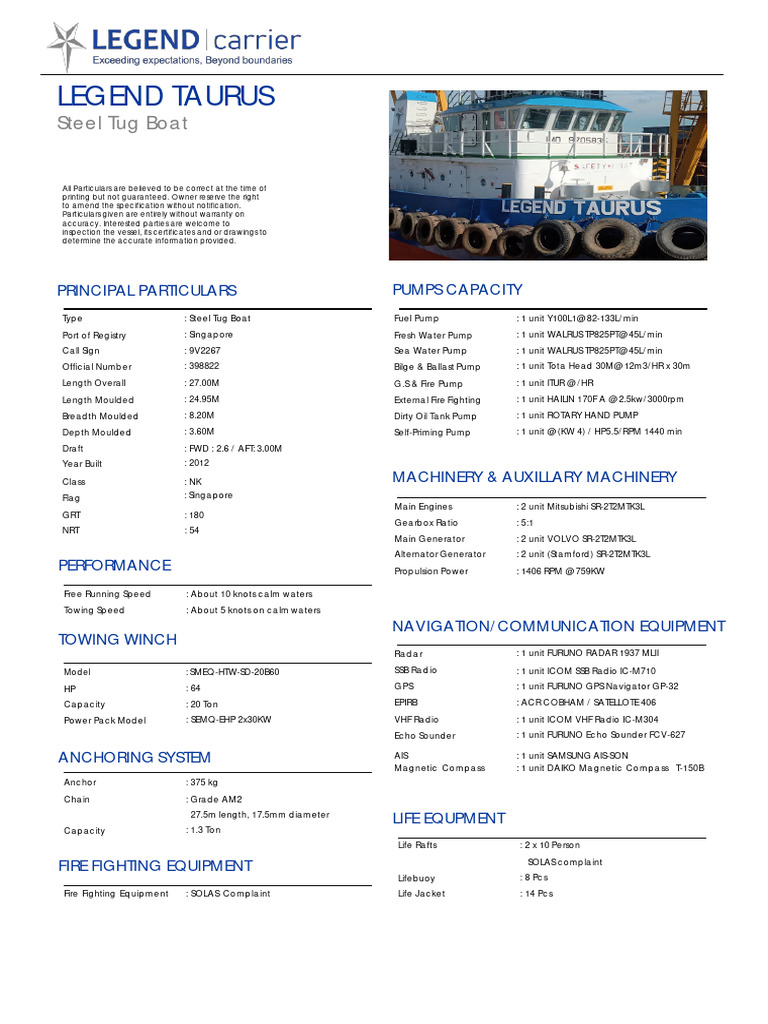 Steel Tug Boat Specifications - LEGEND TAURUS | PDF | Shipping | Water ...