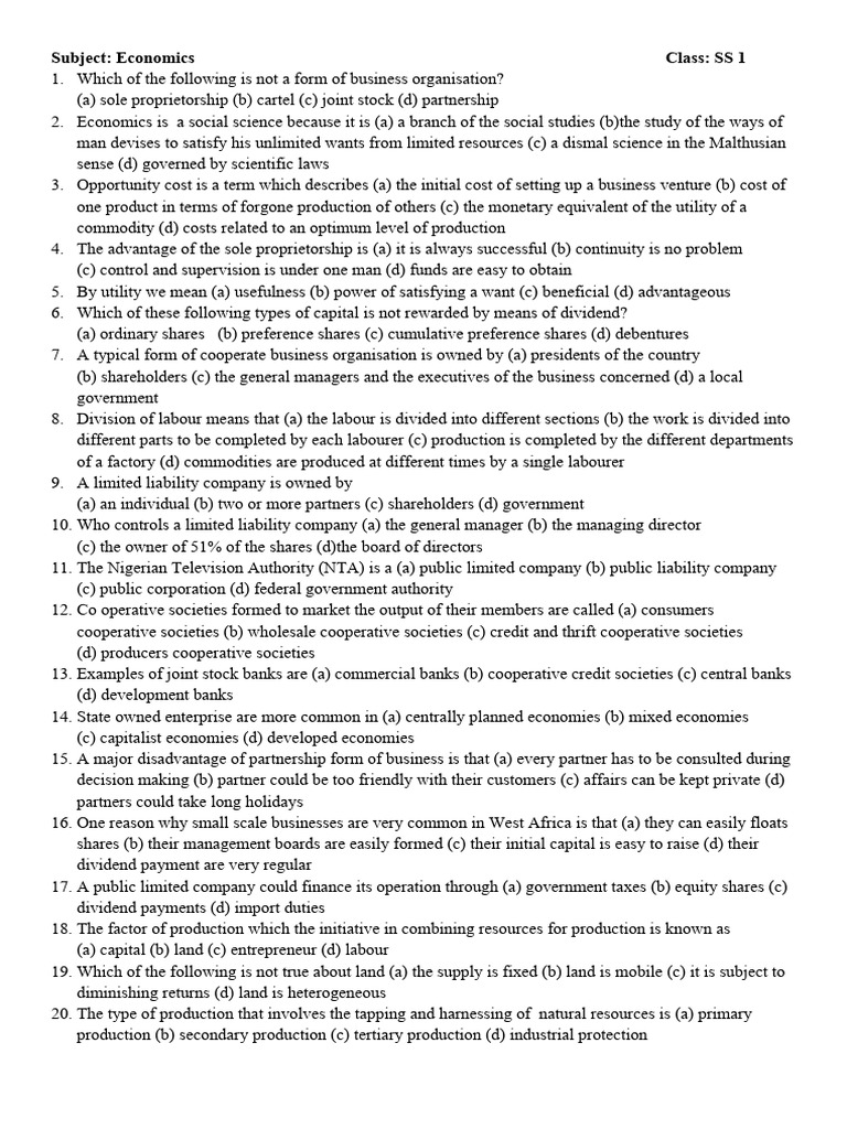 ECONOMICS SS1 Questions | PDF