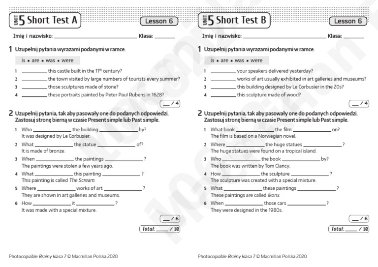 Unit 5 Short Test for Klasa 7 | PDF | Works Of Art | The Arts