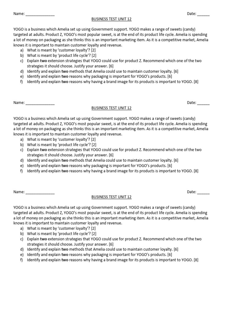 BUSINESS TEST UNIT 12 (1) Business Igcse | PDF | Candy | Brand