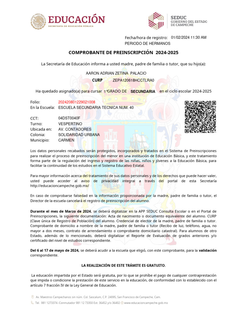 Comprobante de Aaron Adrian Zetina Palacio | PDF