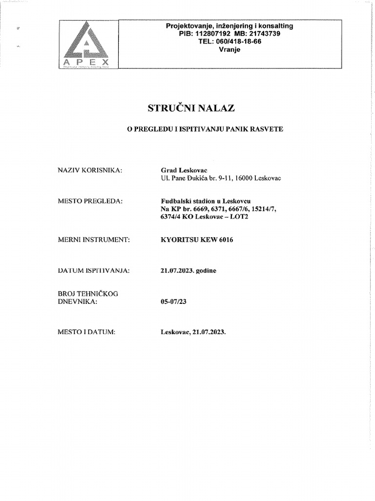Apex Stručni Nalaz, Stadion | PDF