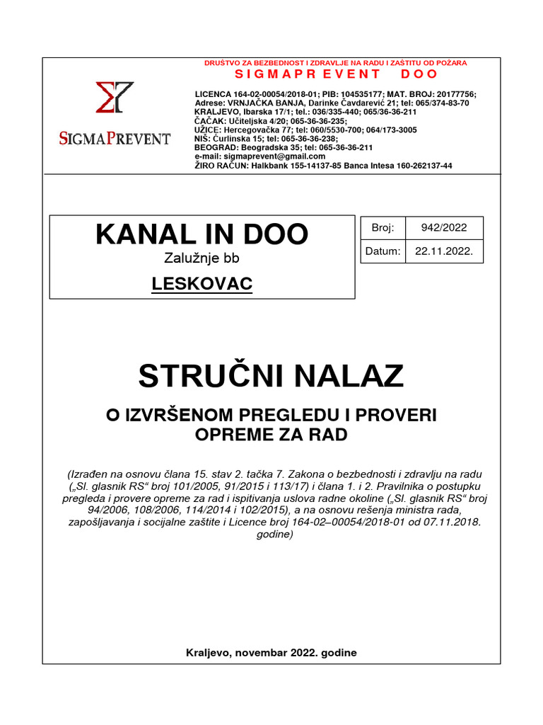 942-2022-Strucni Nalaz-Samohodna Korpa-Kanal in Doo Leskovac | PDF
