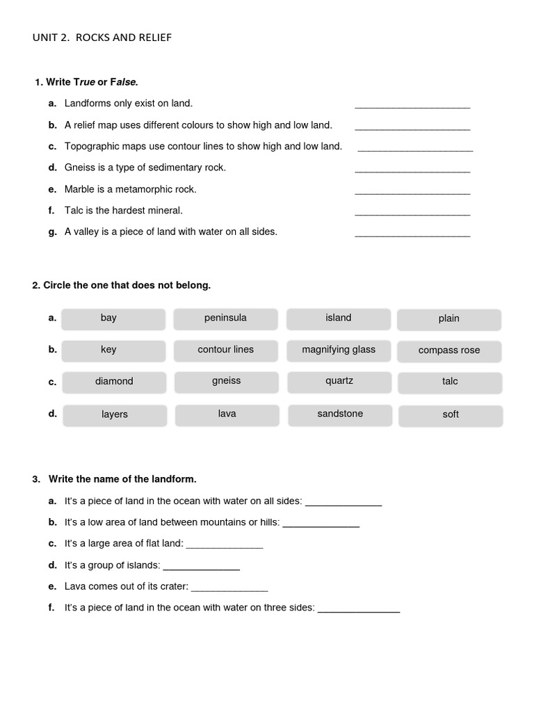 Unit 2 Rocks and Relief WORKSHEETS | PDF