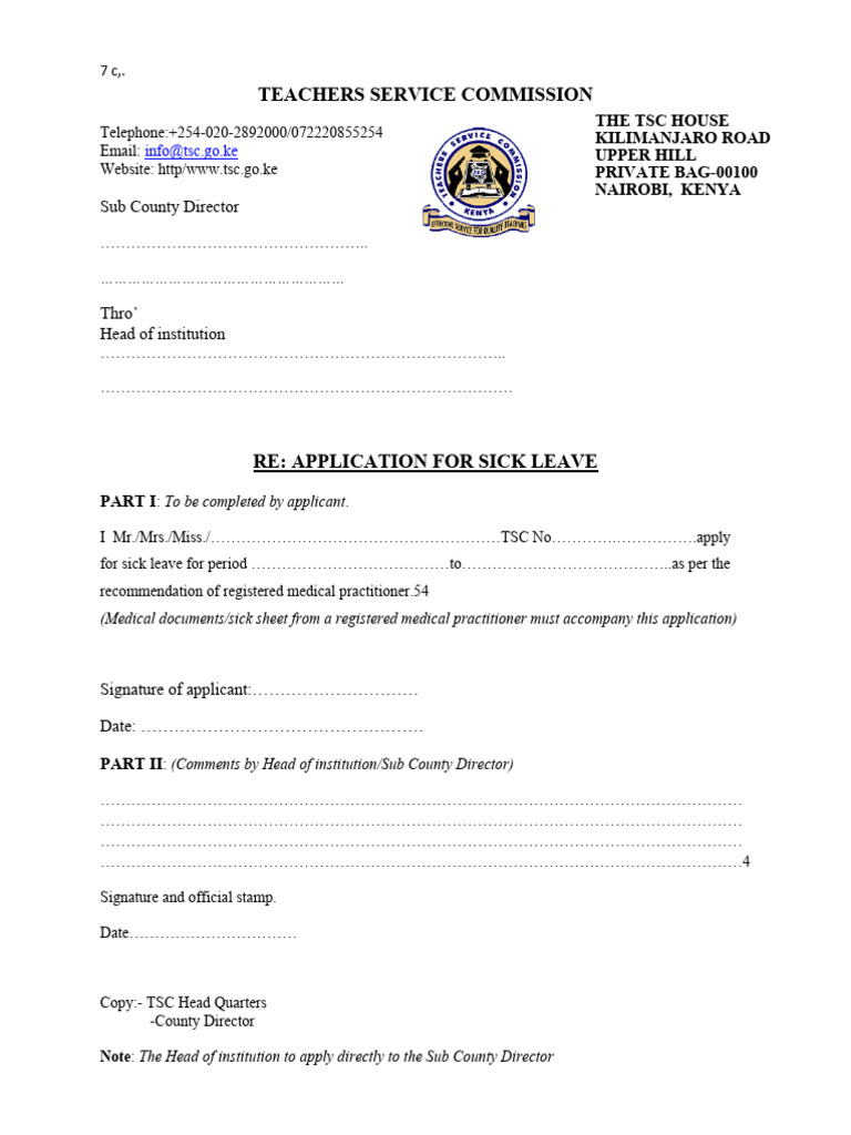 TSC SICK LEAVE FORM - Docx Sirembe | PDF