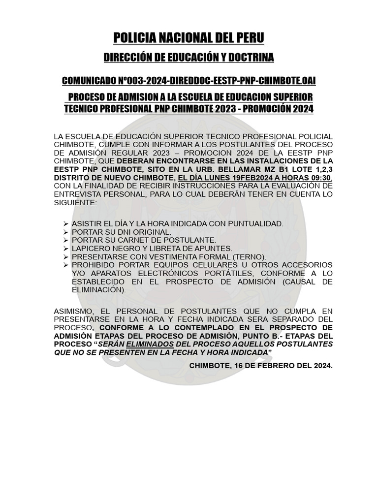 Comunicado #003-2024-. Eestp NPP Chimbote Oa | PDF