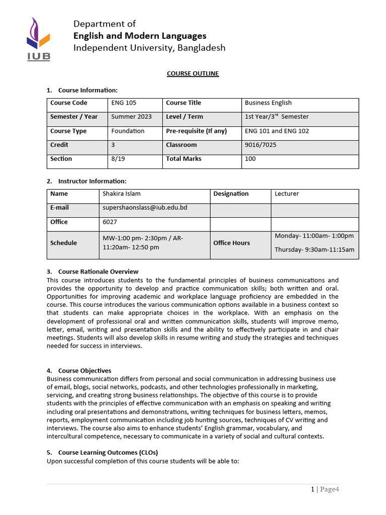 ENG 105 - Outline - Aut'23 | Download Free PDF | Communication | Lecture