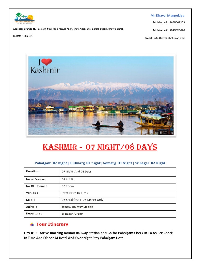 Kashmir 06 Night 07 Days 04 Pax (14 Mar) | PDF