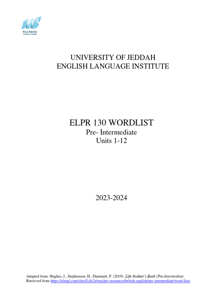 ELPR 130 - Pre-Intermediate Wordlist - 2023-2024 | PDF | Adjective | Beard