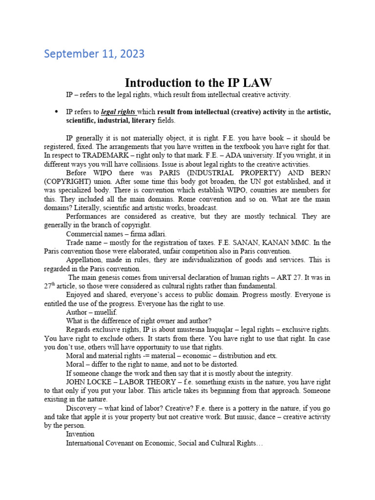 September 11, 2023: Introduction To The IP LAW | PDF