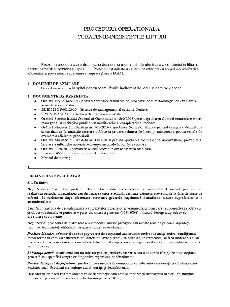PROCEDURA OPERATIONALA Curatenie-Dezinfectie Lift | PDF