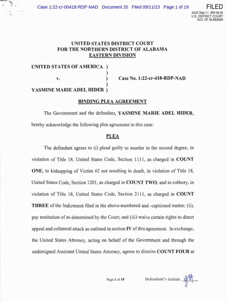 Yasmine Hider Plea Agreement Overview | PDF | Plea Bargain | Plea