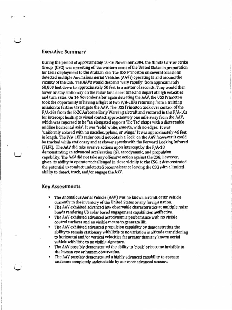 USS Nimitz & Tic Tac UAPs Executive Summary 2009 | PDF | Military Technology | Naval Warfare