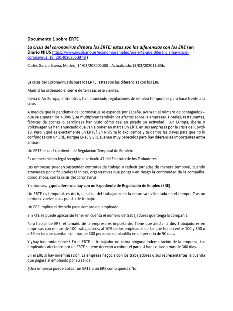 Documentos Sobre ERTE | PDF | Dejar | Desempleo