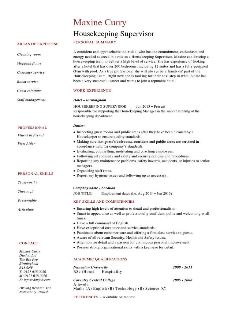 Housekeeping Supervisor Resume | Download Free PDF | Housekeeping | Business