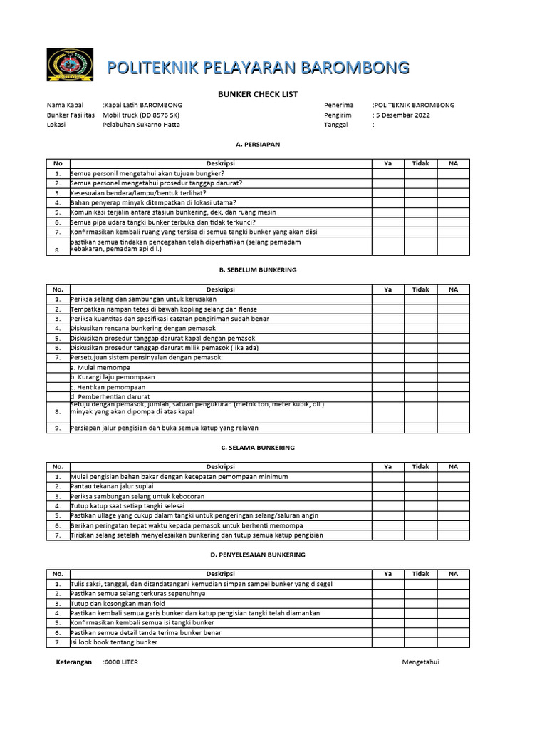 Bunker Check List | PDF