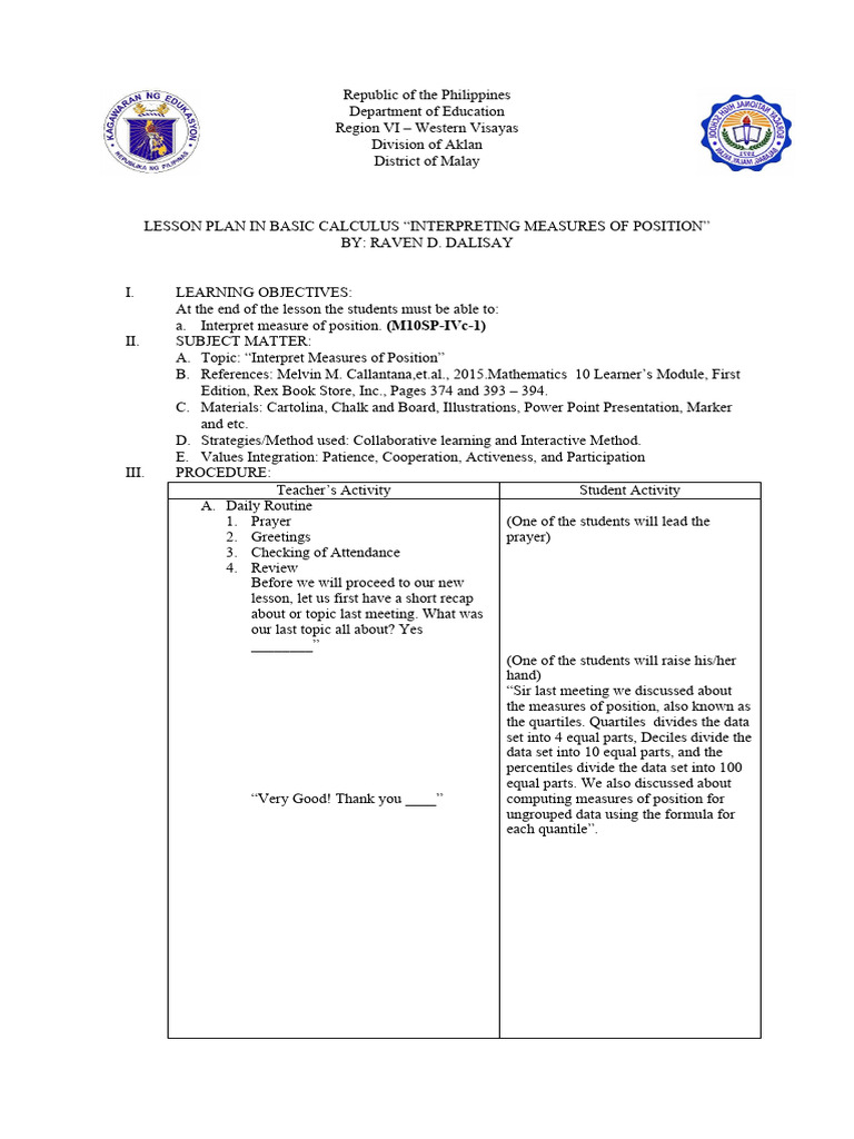 Lesson Plan in Mathematics 10 | PDF | Quantile | Percentile