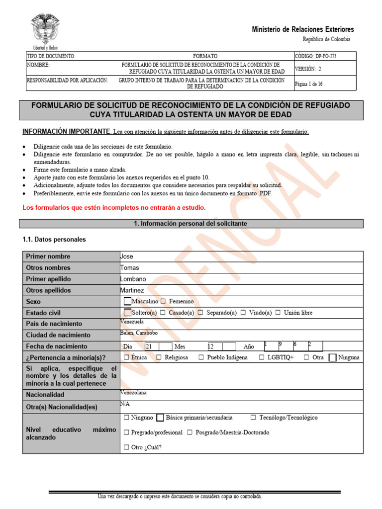 Dp-Fo-273 Formulario de Solicitud de Reconocimiento de La Condicion de Refugiado para Mayor de ...