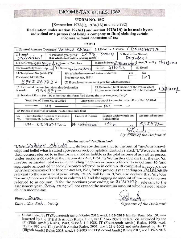 PF Form 15G - 11zon | PDF