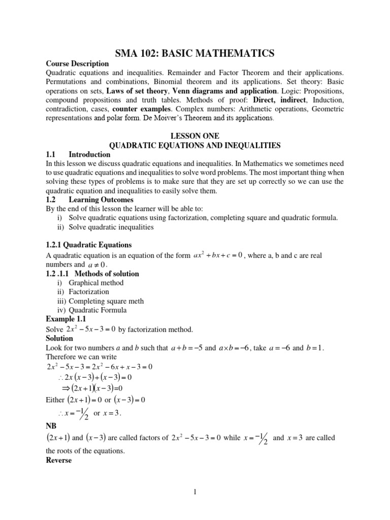 Sma 102 Notes | PDF | Factorization | Quadratic Equation