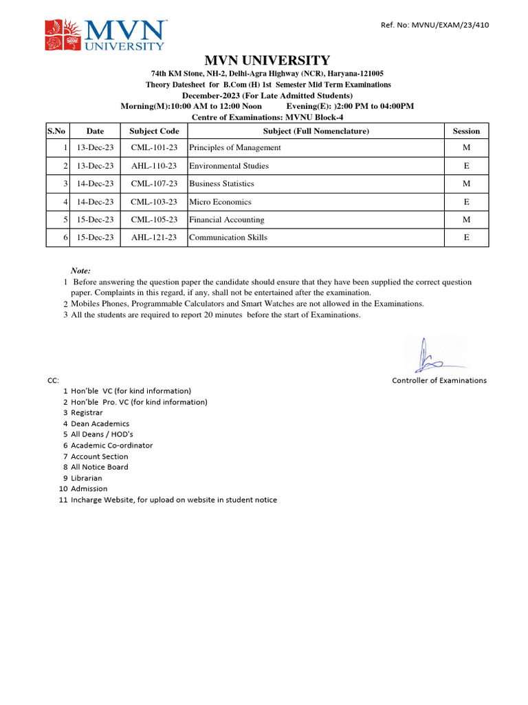 (H) ., BBA Theory Date Sheet MTE 1st Sem. | PDF