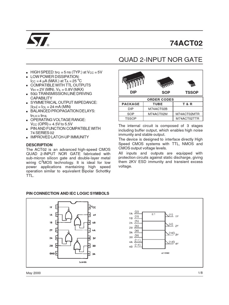 M74ACT02M STMicroelectronics | PDF | Logic Gate | Cmos