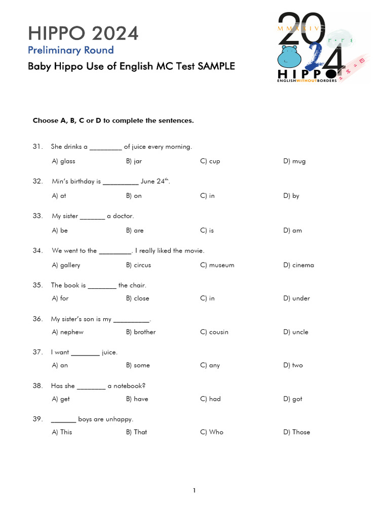 Preliminary Baby Hippo Use MC SAMPLE | PDF