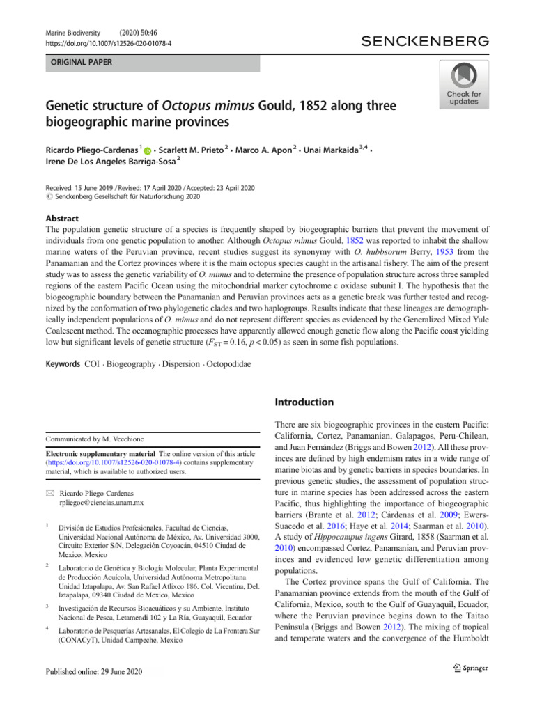 Pliego-Cardenas Et Al. 2020 Genetic Structure of Octopus Mimus | PDF ...