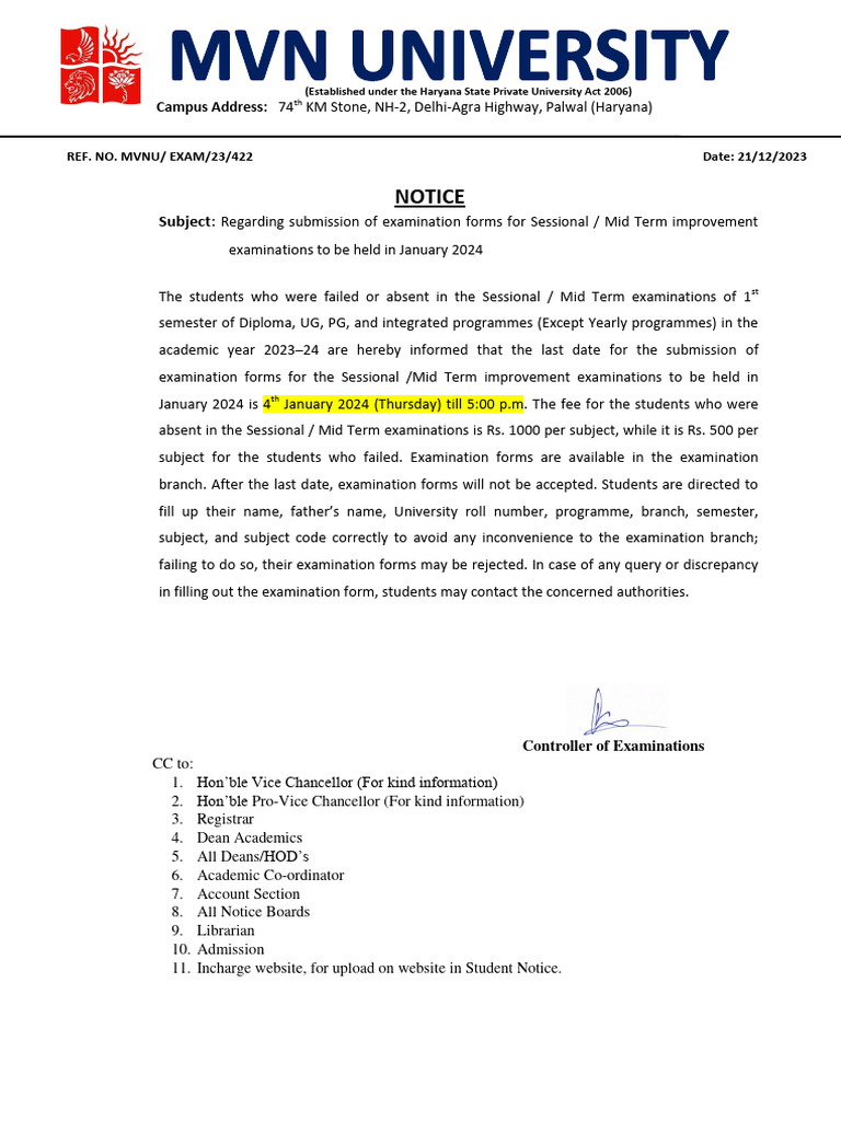Notice For Reappear MTE Improvement Form Jan-2024 | PDF