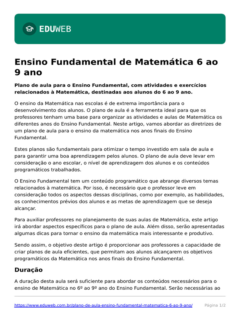 Plano de Aula de Matemática 6 a 9 Ano | PDF | Lição | Matemática