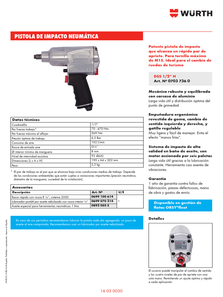 Ficha Tecnica Pistola Neumatica Wurth 1-2 DSS H | PDF | Tornillo | Bienes manufacturados