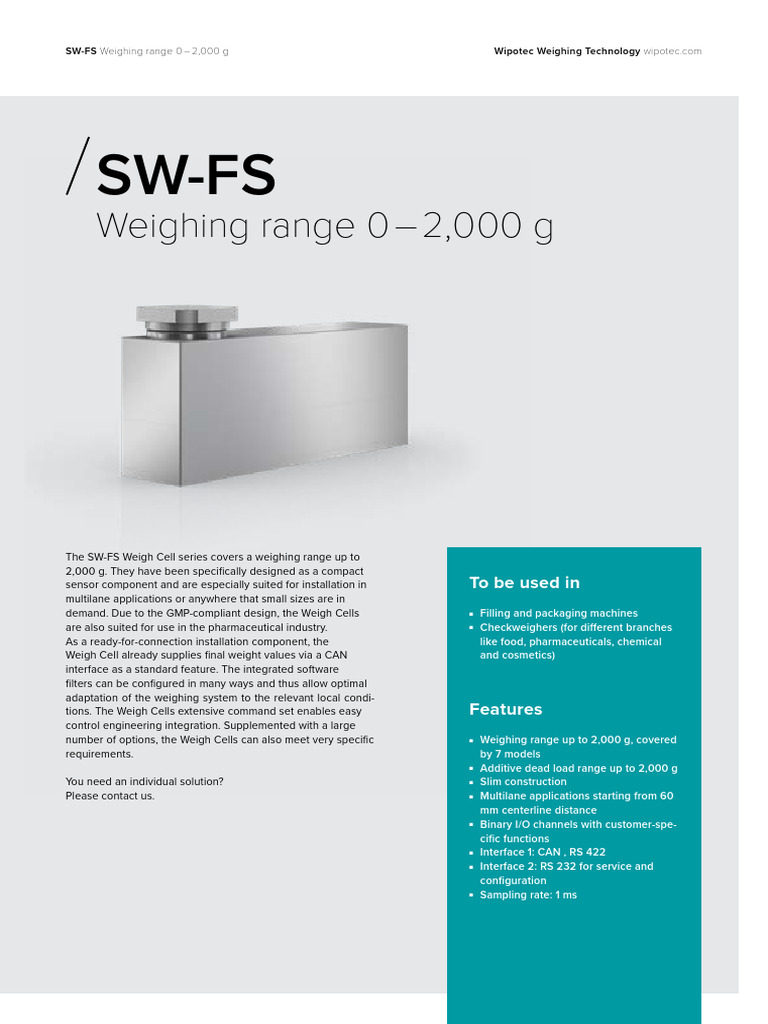 Datasheet Weigh Cell Emfr Load Cell SW Fs | PDF | Manufactured Goods ...